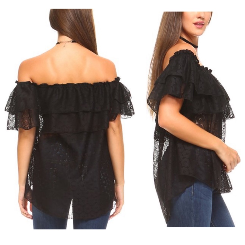 Noa Elle Lace Ruffle Off Shoulder Sheer Blouse - Gem